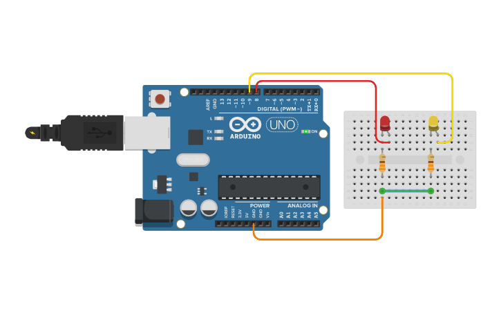 Circuit design Ejercicio 2 Arduino - Alternating Lights - Tinkercad