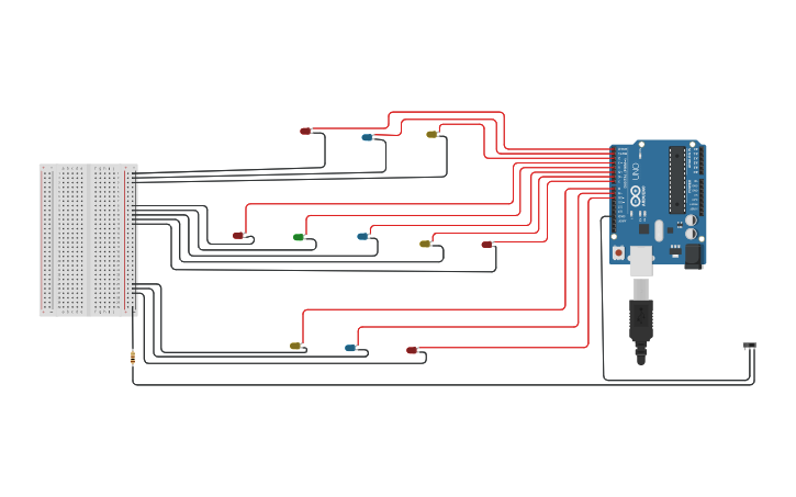 Circuit design arduino - hexágono pisca-pisca independente | Tinkercad