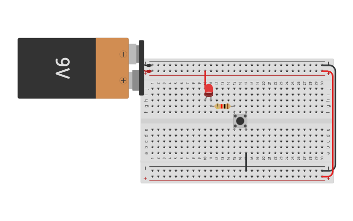 Circuit design Breadboard LED and push-button - Tinkercad