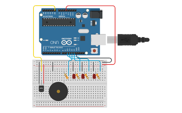 Circuit design Exercícios Arduíno com Sensor de Temperatura - Tinkercad