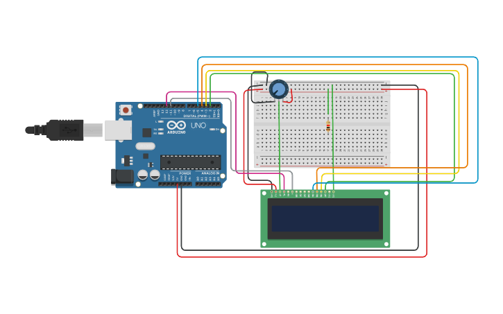 Circuit design Arduino Program to scroll a text using LCD16X2 - Tinkercad