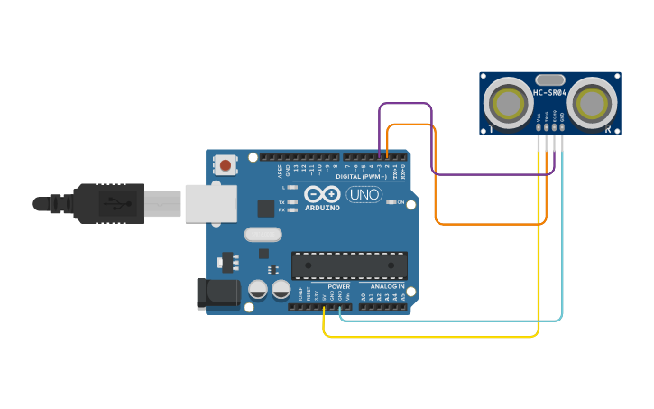 Circuit design Reto # 6 SENSOR ULTRASONICO DE DISTANCIA | Tinkercad