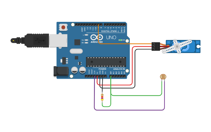 Circuit design Copy of Servo Motor Controlled by Light Sensor - Tinkercad