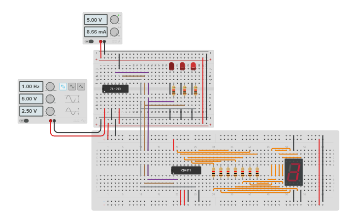 Circuit design LT7 - 3-bit Binary Counter - Tinkercad