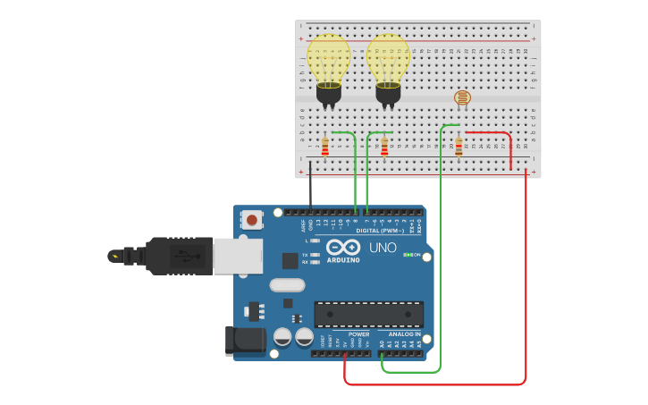 Circuit design Lampu Otomatis dengan Sensor Cahaya - Tinkercad Circuit design Lampu Otomatis dengan Sensor Cahaya - Tinkercad