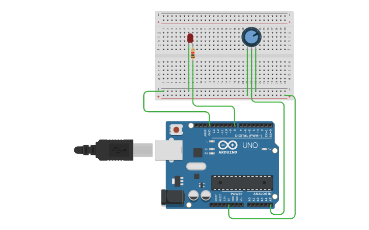 Circuit design Controlling LED using Potentiometer - Tinkercad Circuit design Controlling LED using Potentiometer - Tinkercad