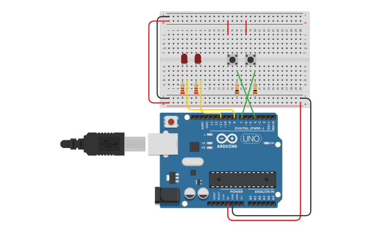 Circuit design 2 buttons 2 leds - Tinkercad