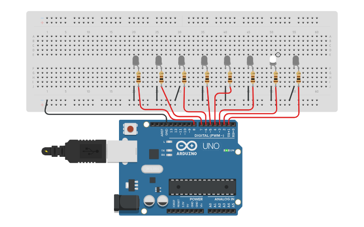 Circuit design Contador binario 8 bits - Gustavo Cortés - Tinkercad Circuit design Contador binario 8 bits - Gustavo Cortés - Tinkercad