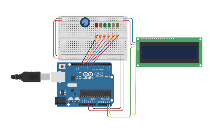 Circuit design Copy of Ejercicios LCD 16x2 i2C - Tinkercad