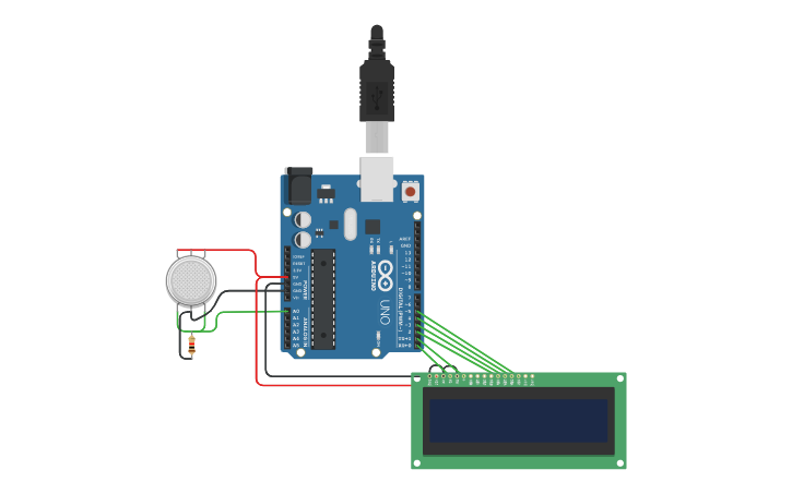 Circuit design gas sensor and LCD - Tinkercad