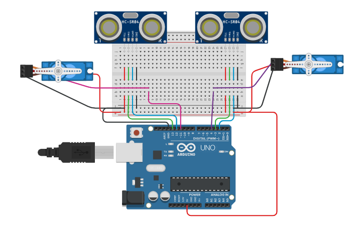 Circuit design PROYECTO APLICACIÓN DE LOS SENSORES ULTRASÓNICOS | Tinkercad