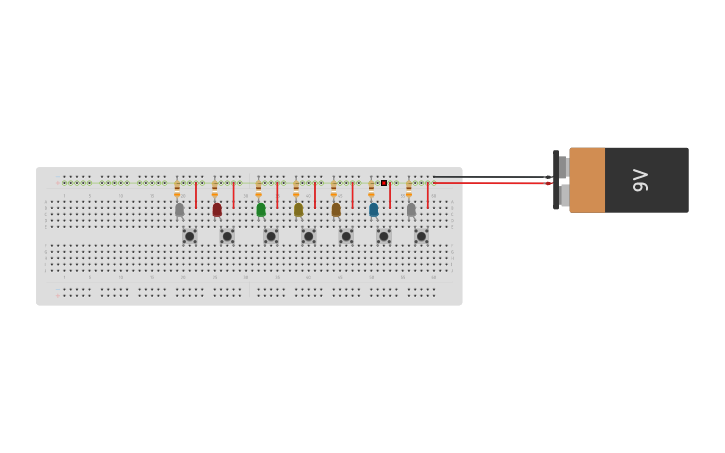 Circuit design Circuito eléctrico de 7 leds, 7 pulsadores, 7 resistencias - Tinkercad