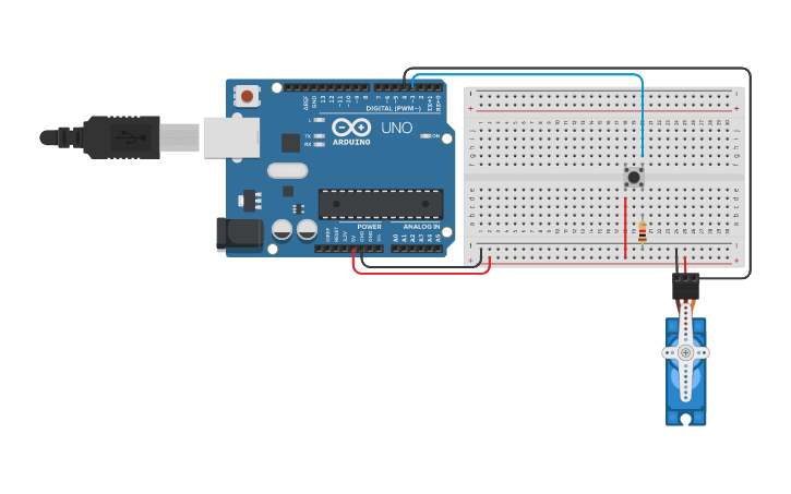 Circuit design Servo berputar with Push Button - Tinkercad