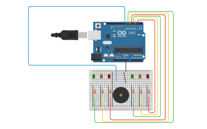 Circuit design Semaforo DEU + BUZZER | Tinkercad