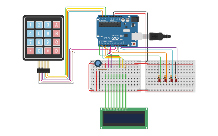 Circuit design LCD, PANTALLA Y LUCES LED - Tinkercad