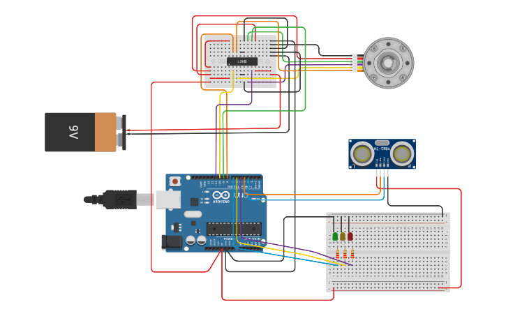 Circuit design SENSOR ULTRASONIDO + MOTOR PASO - Tinkercad