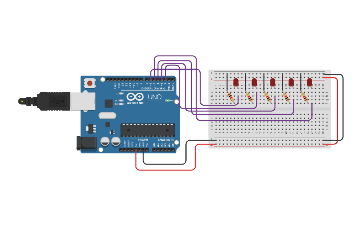 Circuit design Binary with LEDs | Tinkercad