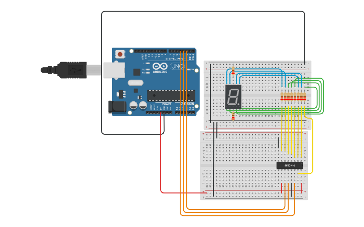 Circuit design Arduino 7 Segmentedisplay Schieberegister - Tinkercad