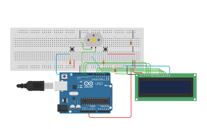 Circuit design Encender y apagar motor con pulsador con LCD | Tinkercad Circuit design Encender y apagar motor con pulsador con LCD | Tinkercad