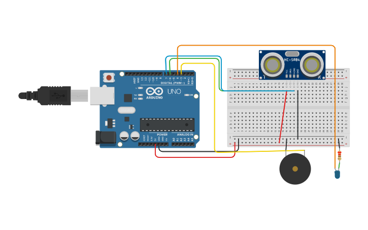 Circuit design Ultrasonic with LED and Buzzer - Tinkercad