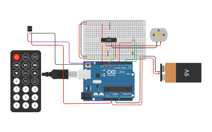 Circuit design DC MOTOR IR REMOTE CONTROL WITH RGB LED - Tinkercad
