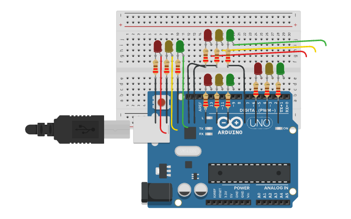 Circuit design 4way traffic signal - Tinkercad