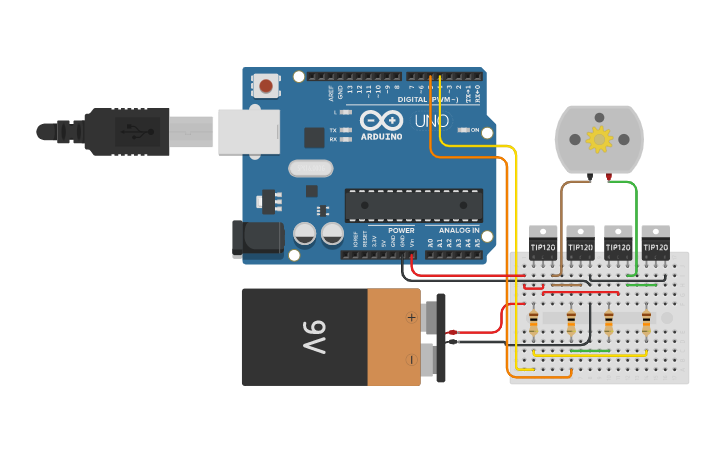 Circuit design H-Bridge with TIP-120 - Tinkercad
