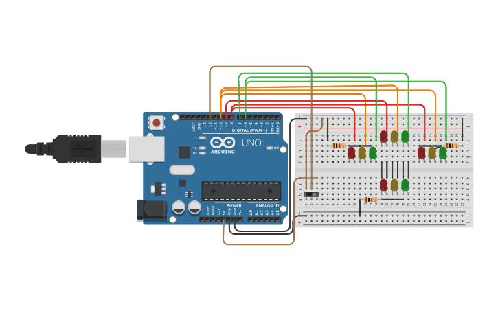 Circuit design LED Blinking with Push Button - Tinkercad