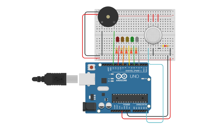 Circuit design Sensor de gas+buzzer+led - Tinkercad