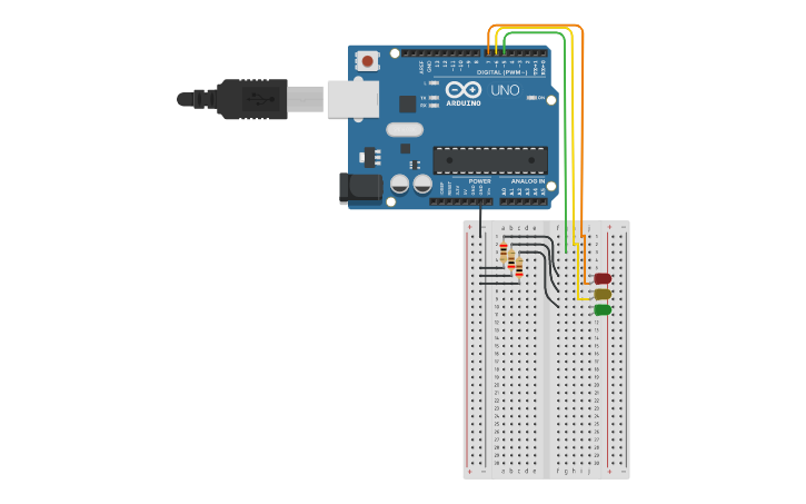 Circuit design semáforo de un ciclo completo | Tinkercad