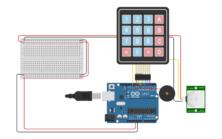 Circuit design Sensor de movimento com alarme e senha | Tinkercad