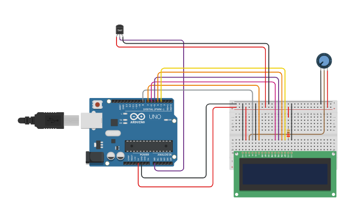 Circuit design Temperature Simulation with LCD - Tinkercad