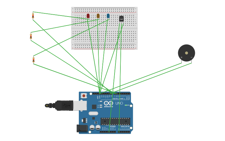 Circuit design Temperature sensor with Buzzer - Tinkercad