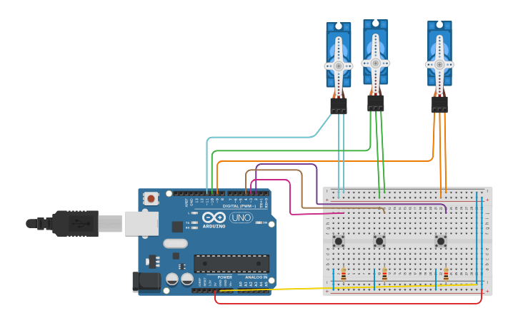 Circuit Design 3 Servos 3 Button Rotation Tinkercad