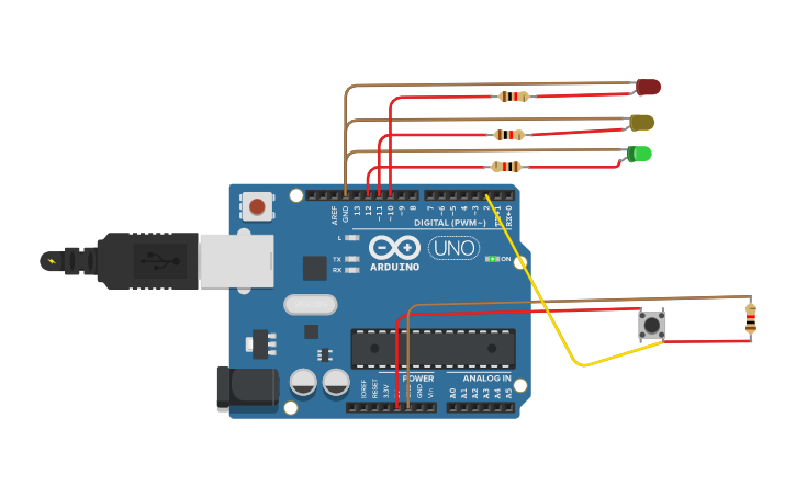 Circuit design Semaforo com botao - Tinkercad