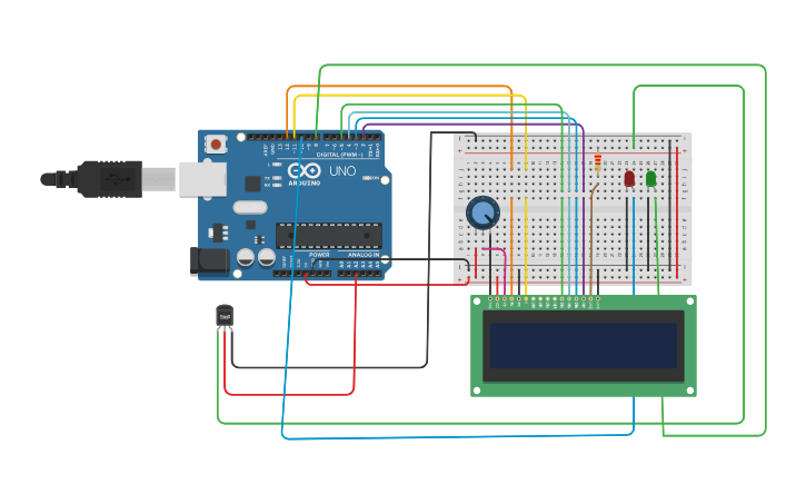 Circuit design TEMPERATURE CHECKING IN LCD DISPLAY PROJECT - Tinkercad