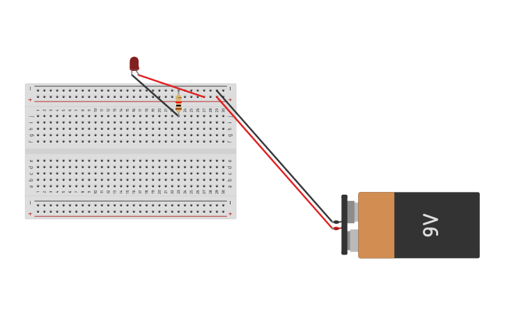 Circuit design breadboard, battery and led - Tinkercad