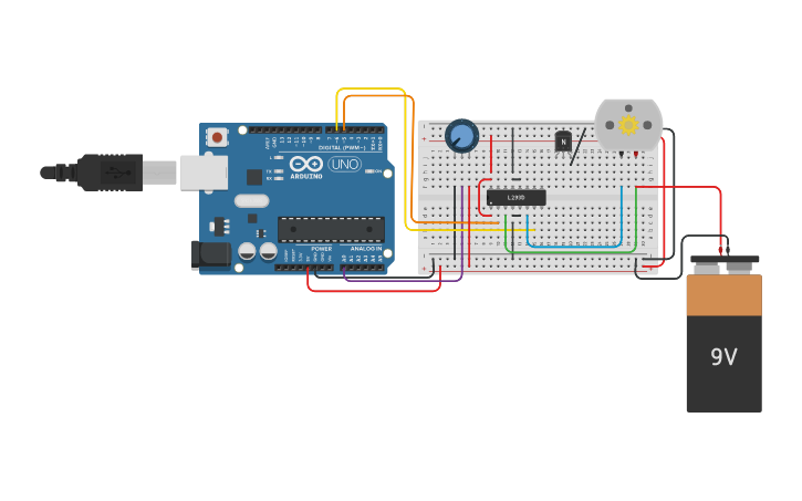 Circuit design Práctica 11: Motor de Corriente contínua - Tinkercad