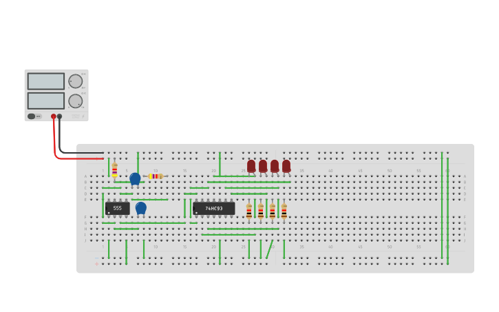 Circuit design contador 7493 con 555 - Tinkercad