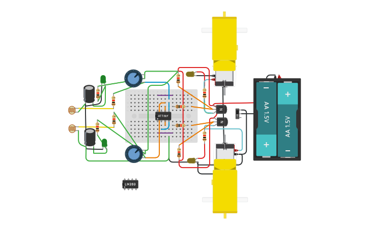 Circuit design Carrinho segue linha sem arduino - Tinkercad