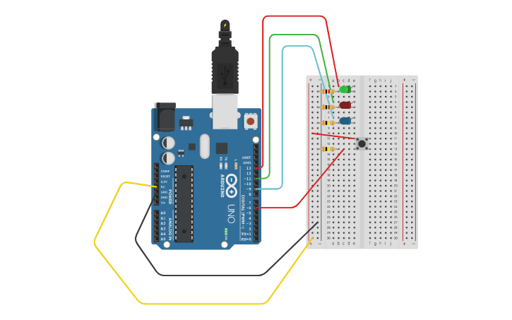 Circuit design Copy of Copy of Blink 3 LED's | Tinkercad