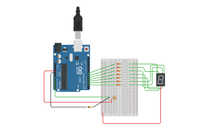 Circuit Design Common Anode 7 Segment Display With Photoresistor Tinkercad