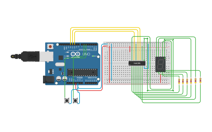 Circuit design 7-Segment-Anzeige mit Schieberegister - Tinkercad