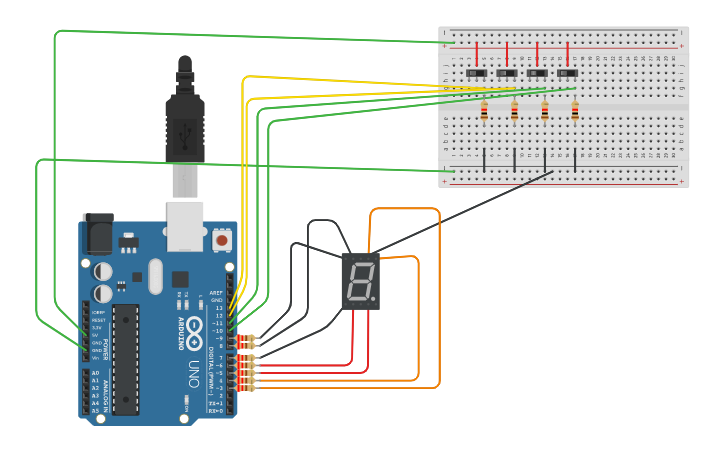 Circuit design Copy of 8421 NA 7 LED ARDUINO | Tinkercad
