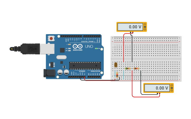 Circuit design Ejercicio divisor de voltaje con led | Tinkercad