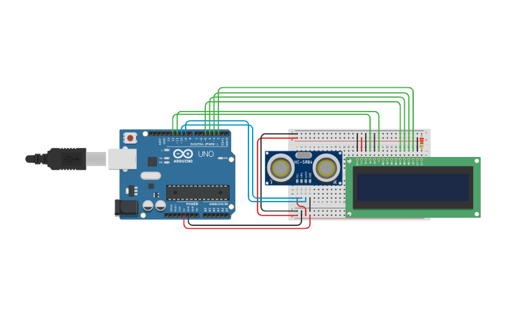 Circuit design Measure distance with Ultrasonic Sensor - Tinkercad