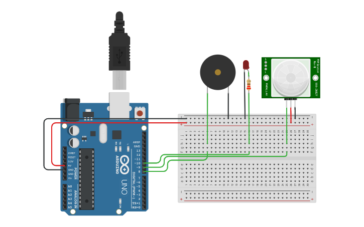 Circuit design PIR -Buzzer- LED - Tinkercad