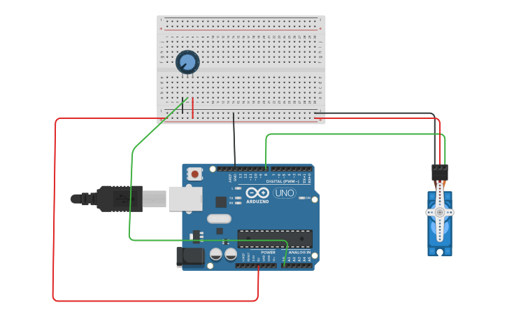 Circuit design potensio meter + servo | Tinkercad