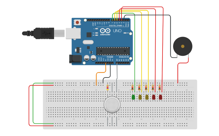 Circuit design Smoke Detection Using Gas Sensor and Buzzer - Tinkercad