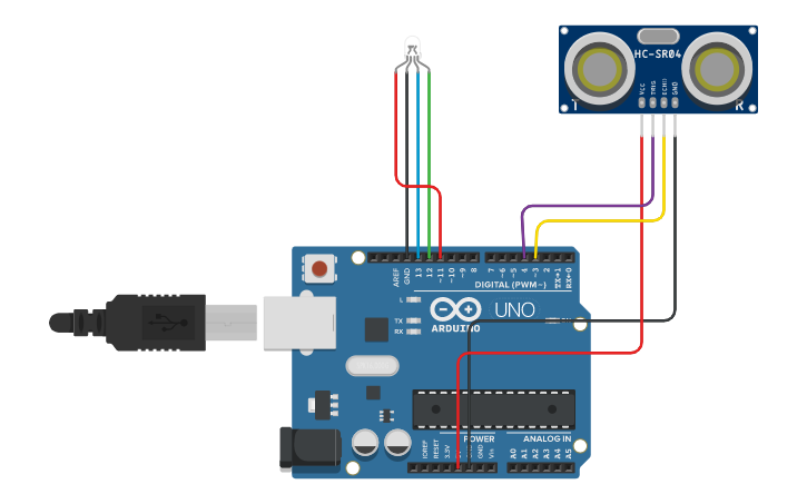 Circuit design sensor ultra sonico - Tinkercad